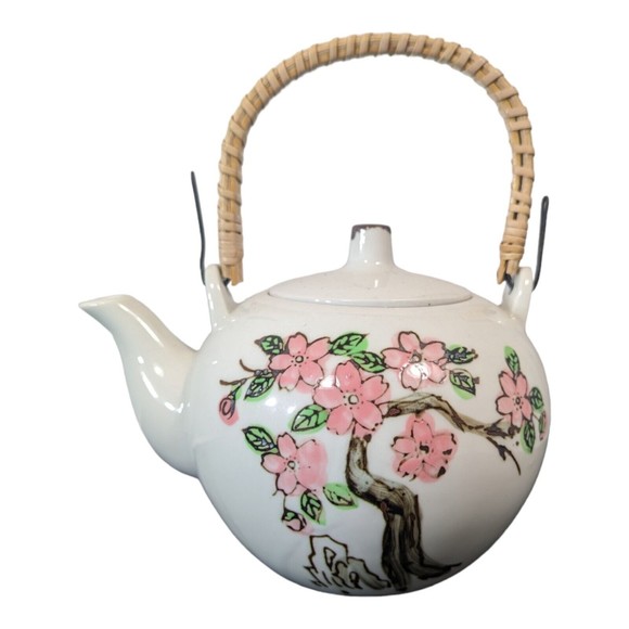 Dining | Vintage Porcelain Asian Tea Pot Pink Cherry Blossoms Bamboo ...